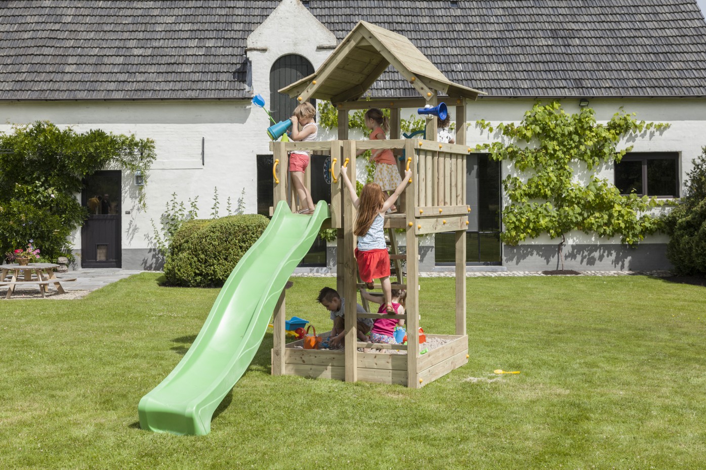 Speeltoren Blue Rabbit Pagoda Hoog met glijbaan | Luxe houtpakket